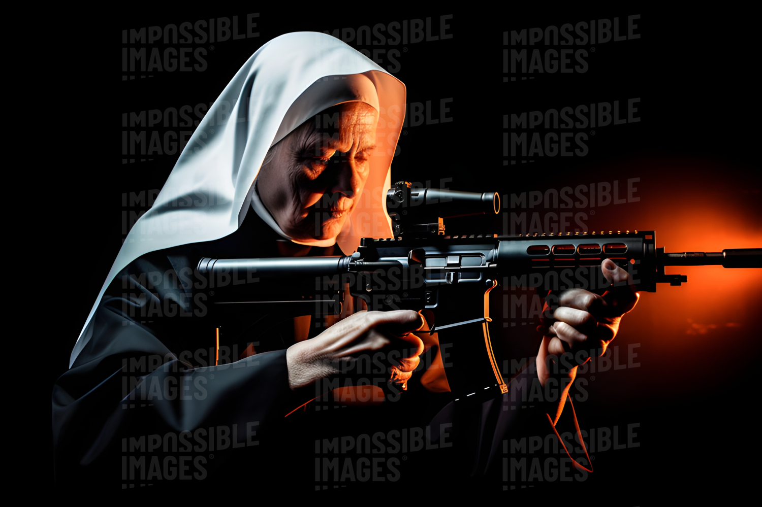 A nun with an assault rifle - Impossible Images - Unique stock images ...