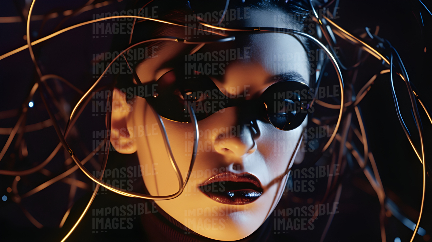 A cinematic image of a woman with wires coming out of her head ...