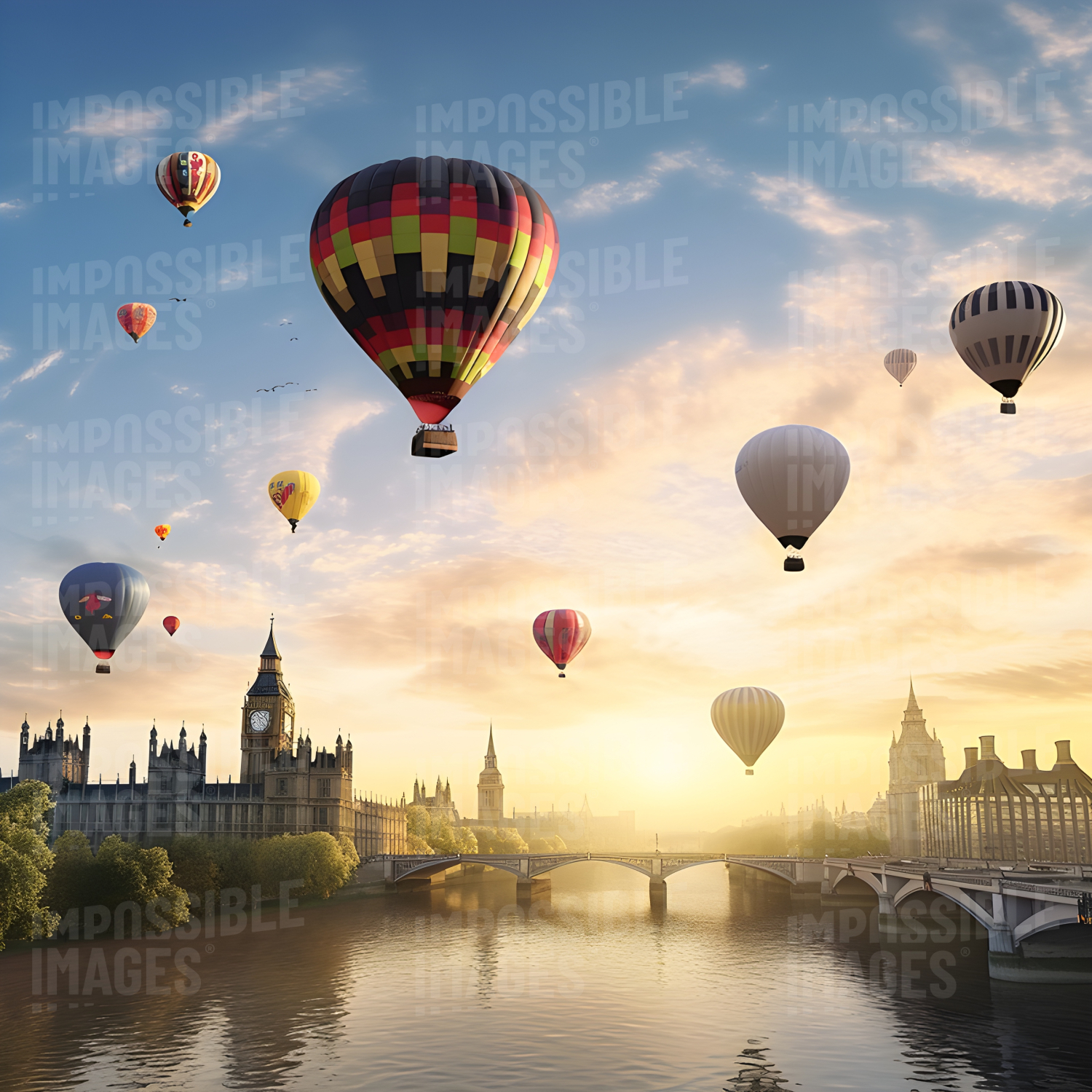 Different coloured hot air balloons floating over London landmarks in a ...