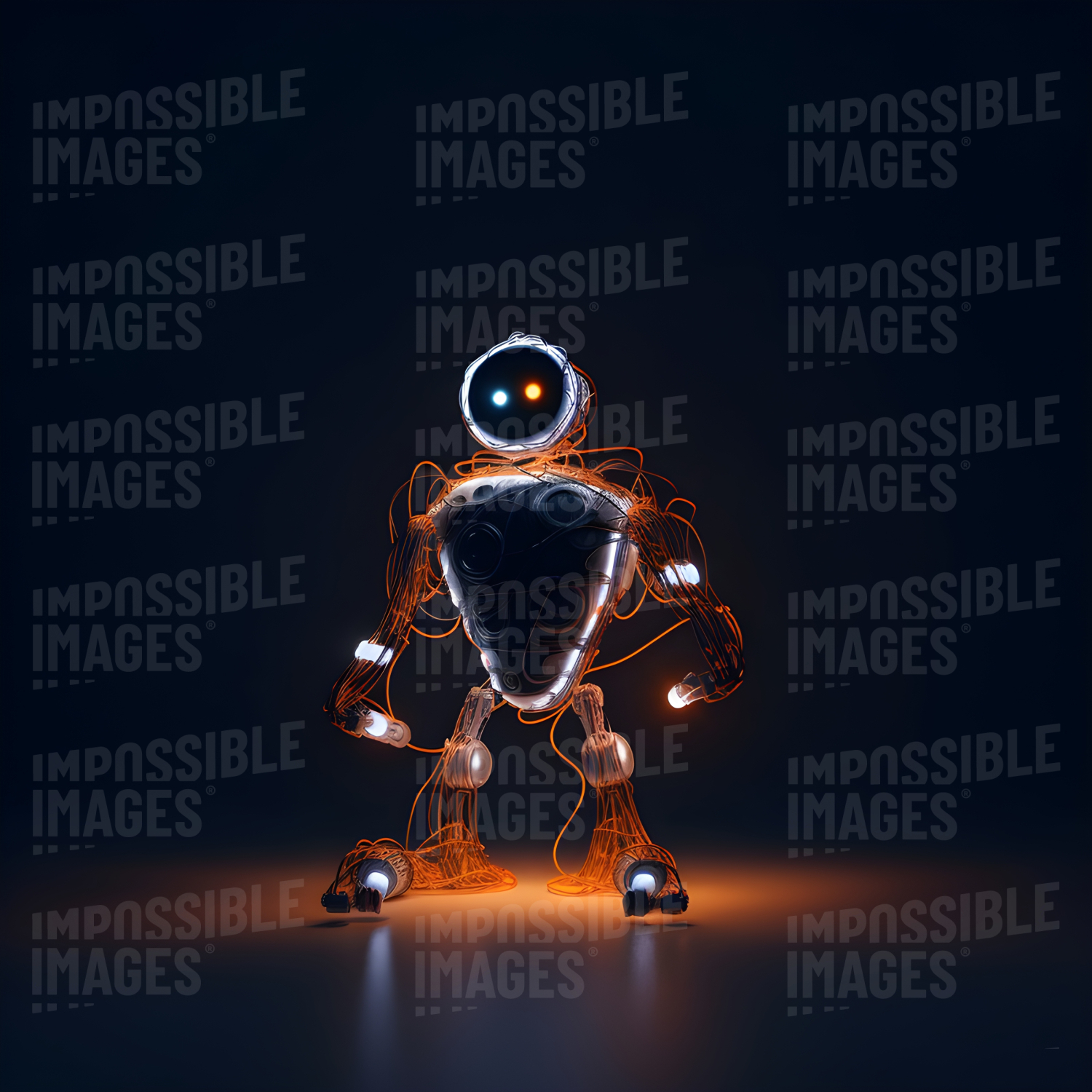 A cute robot made of tangled LED lights standing in an orange spotlight ...