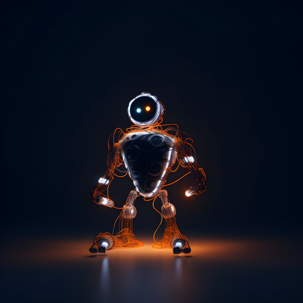 A cute robot made of tangled LED lights standing in an orange spotlight ...