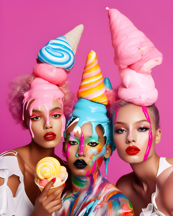 Three fashion models with large swirls of colourful melting ice cream ...
