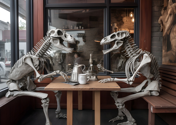 Two dinosaur skeletons having a chat over coffee - Impossible Images ...