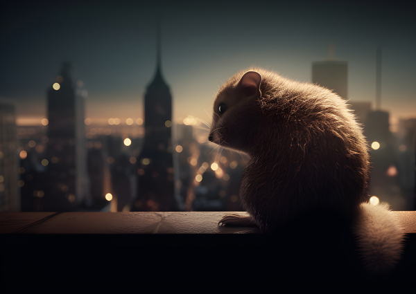 A small, furry Mole sits atop a skyscraper, looking out over the ...