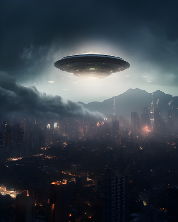 UFO hovering over a futuristic city in the mountains - Impossible ...