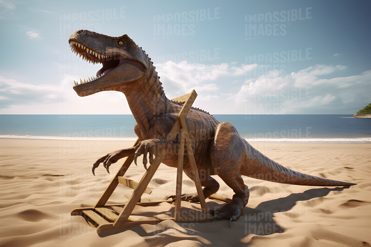 T-Rex dinosaur struggling to put up a deckchair at the beach ...