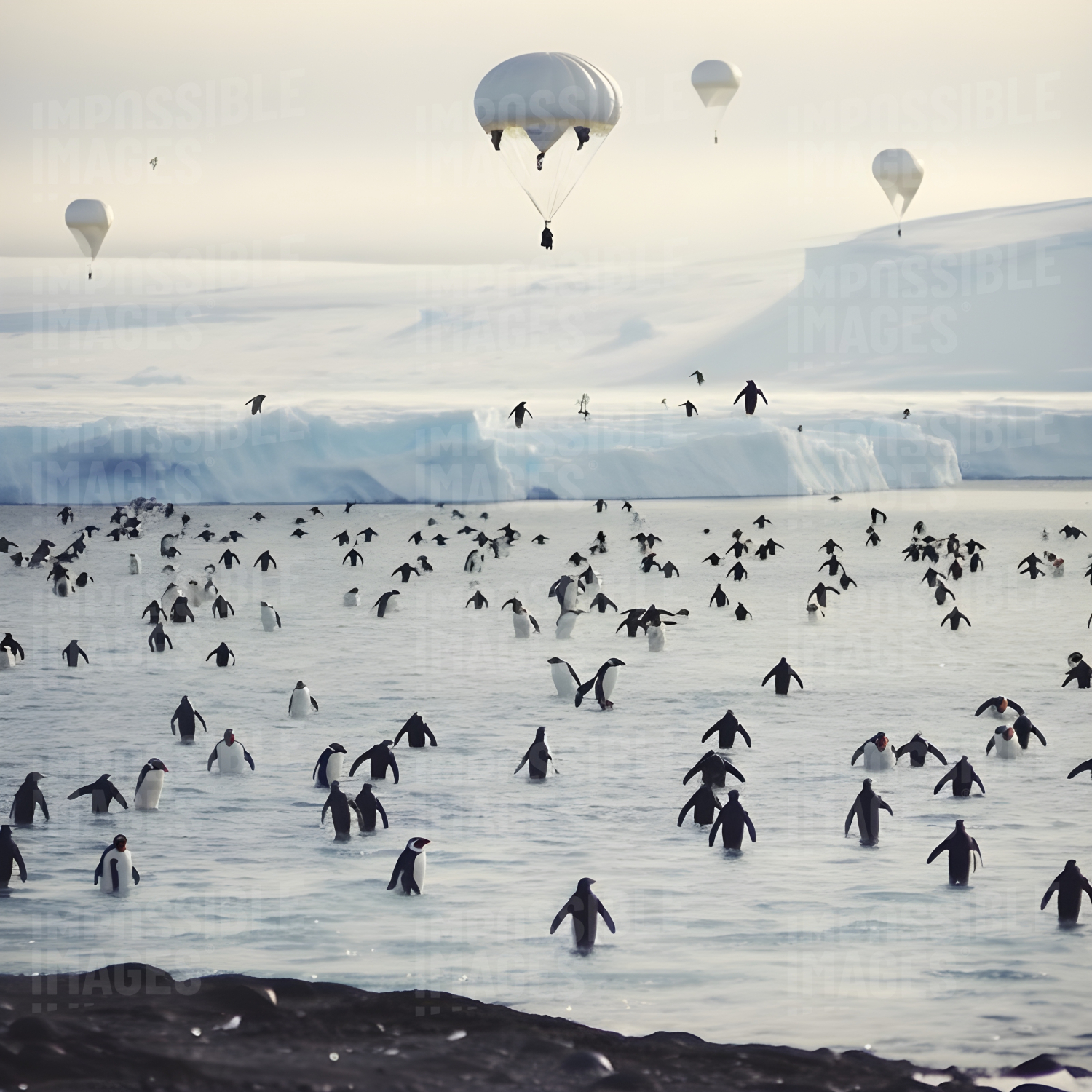 Penguins arriving by parachute - Impossible Images - Unique stock ...