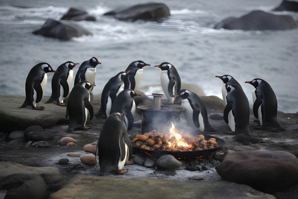 Penguins cooking on a stone fire - Impossible Images - Unique stock ...