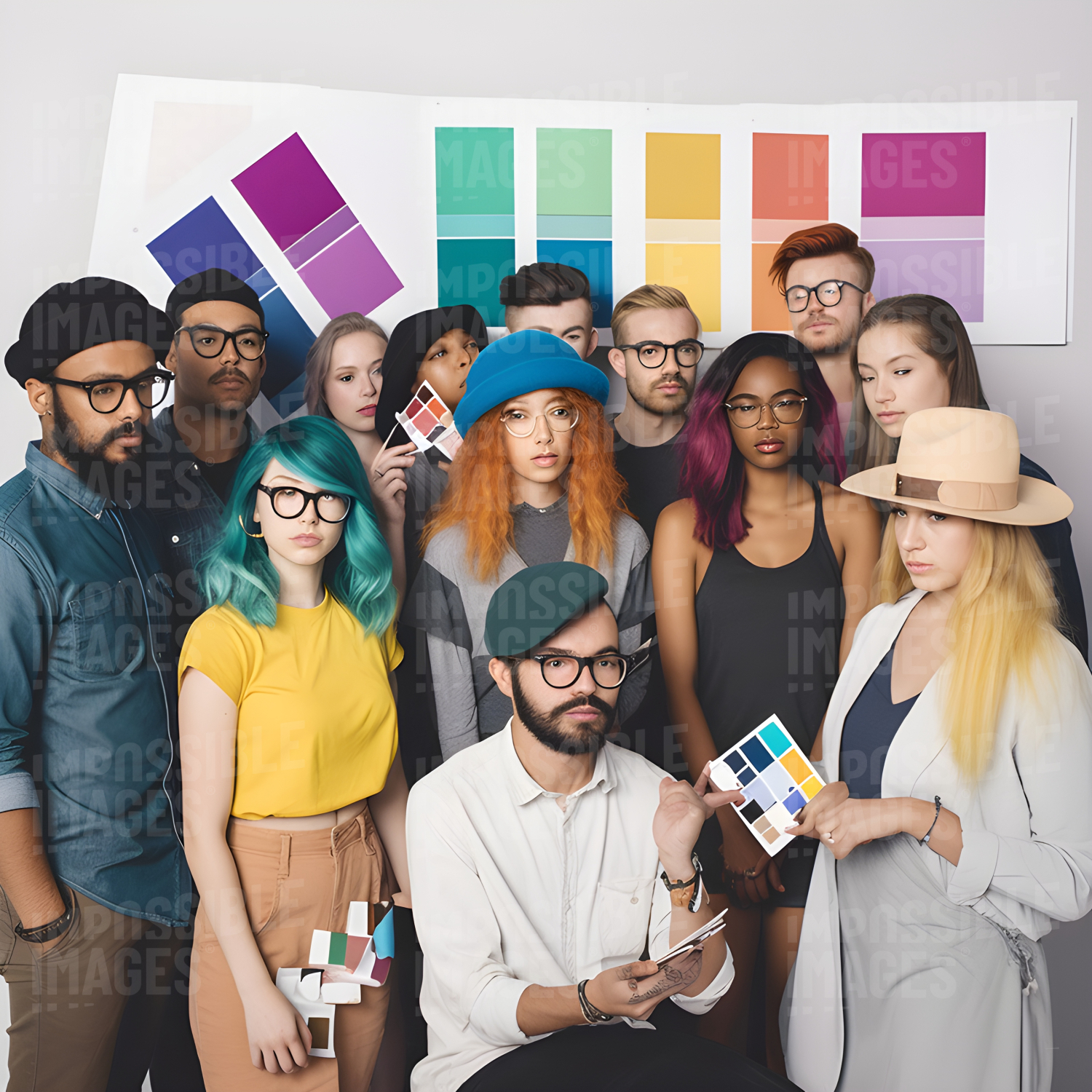 A group of hipster designers with colour swatches - Impossible Images ...