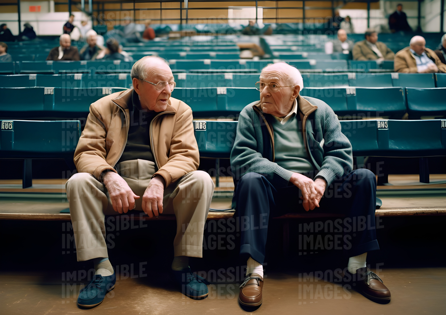 Two old men chatting whilst sat on a bench inside a building ...