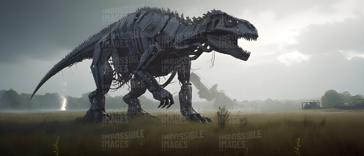 Cyborg t-rex robot in a field - Impossible Images - Unique stock images ...