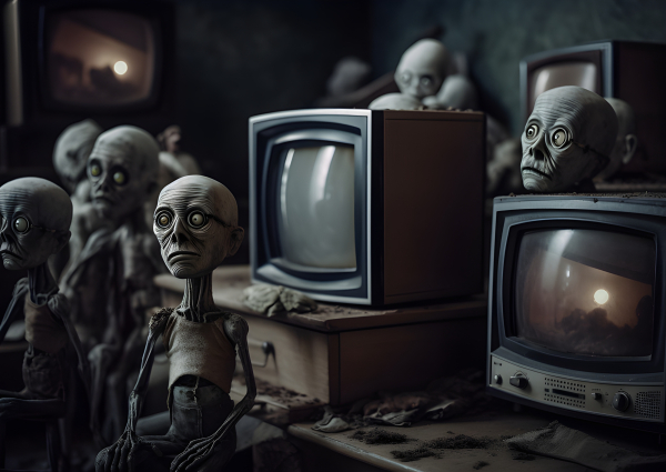 Grey zombie-like humanoids with televisions - Impossible Images ...