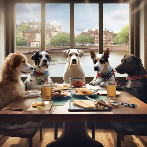 Five dogs enjoying lunch around a table in a restaurant - Impossible ...