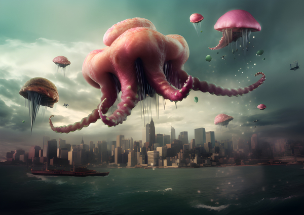 Octopus alien floating over a city - Impossible Images - Unique stock ...