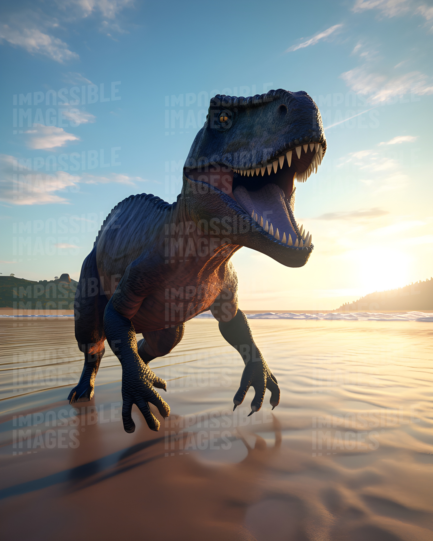 T-rex running on the beach with a beautiful sunrise behind him ...