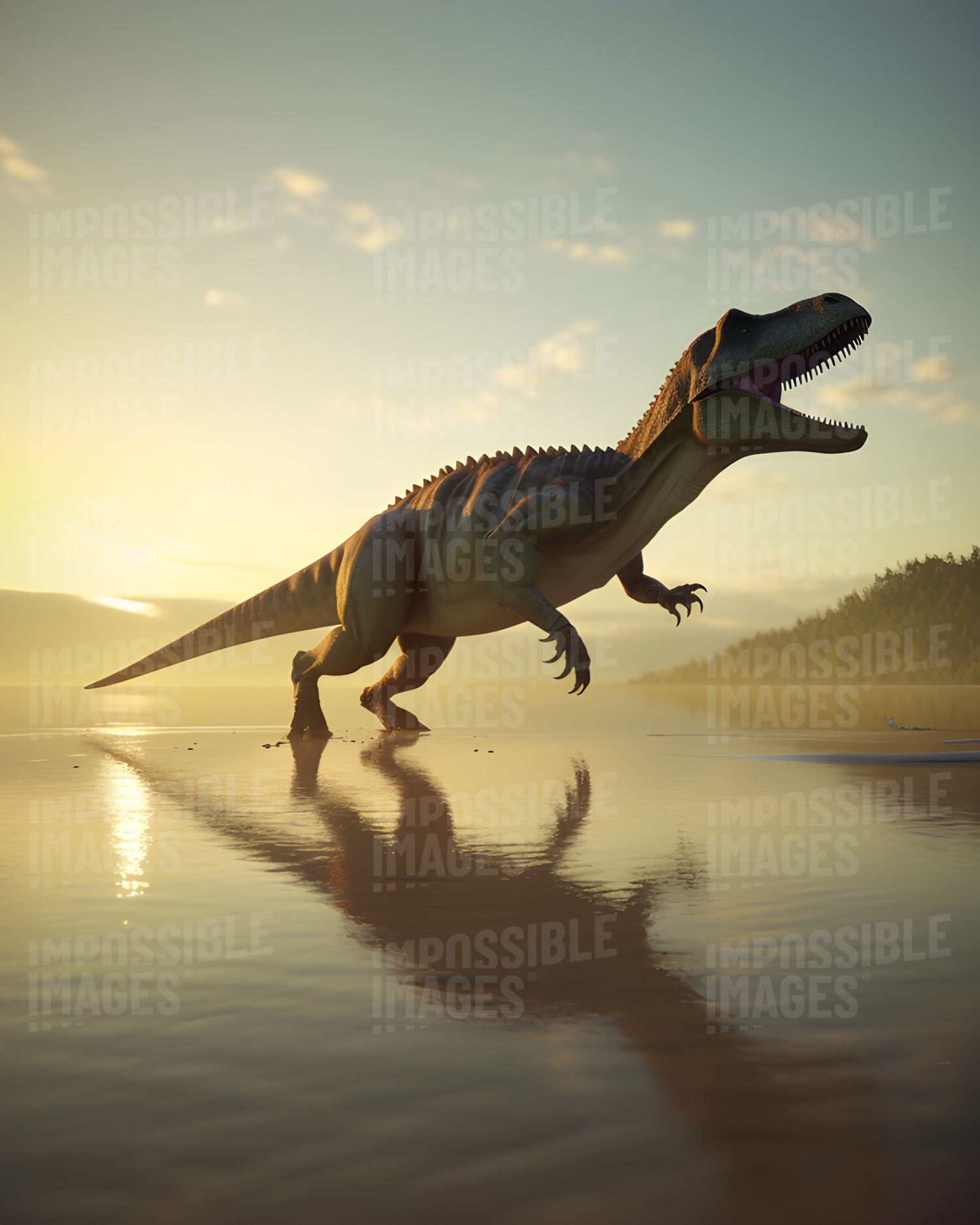 T-rex leaping across a scenic sunrise lit beach - Impossible Images ...