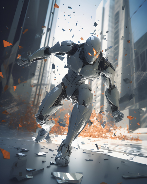 Futuristic cyborg running with glass debris falling from the sky ...
