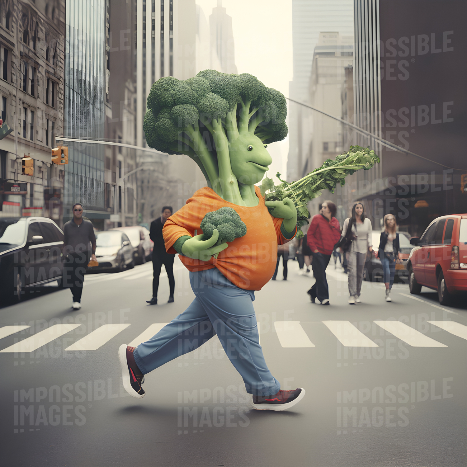 A Broccoli and Carrot man walking across the street - Impossible Images ...