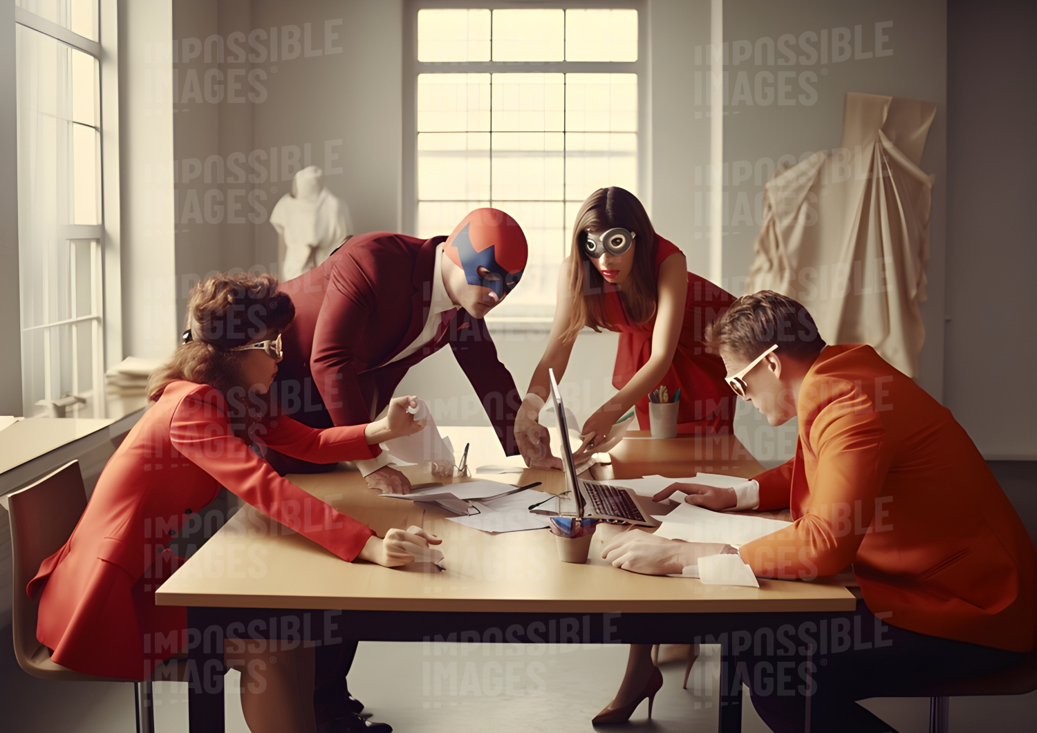 Superheroes meeting around a table - Impossible Images - Unique stock ...