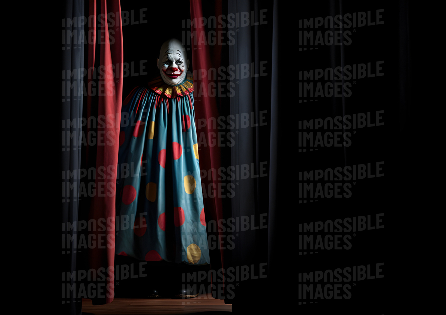 A sinister clown behind curtains - Impossible Images - Unique stock ...