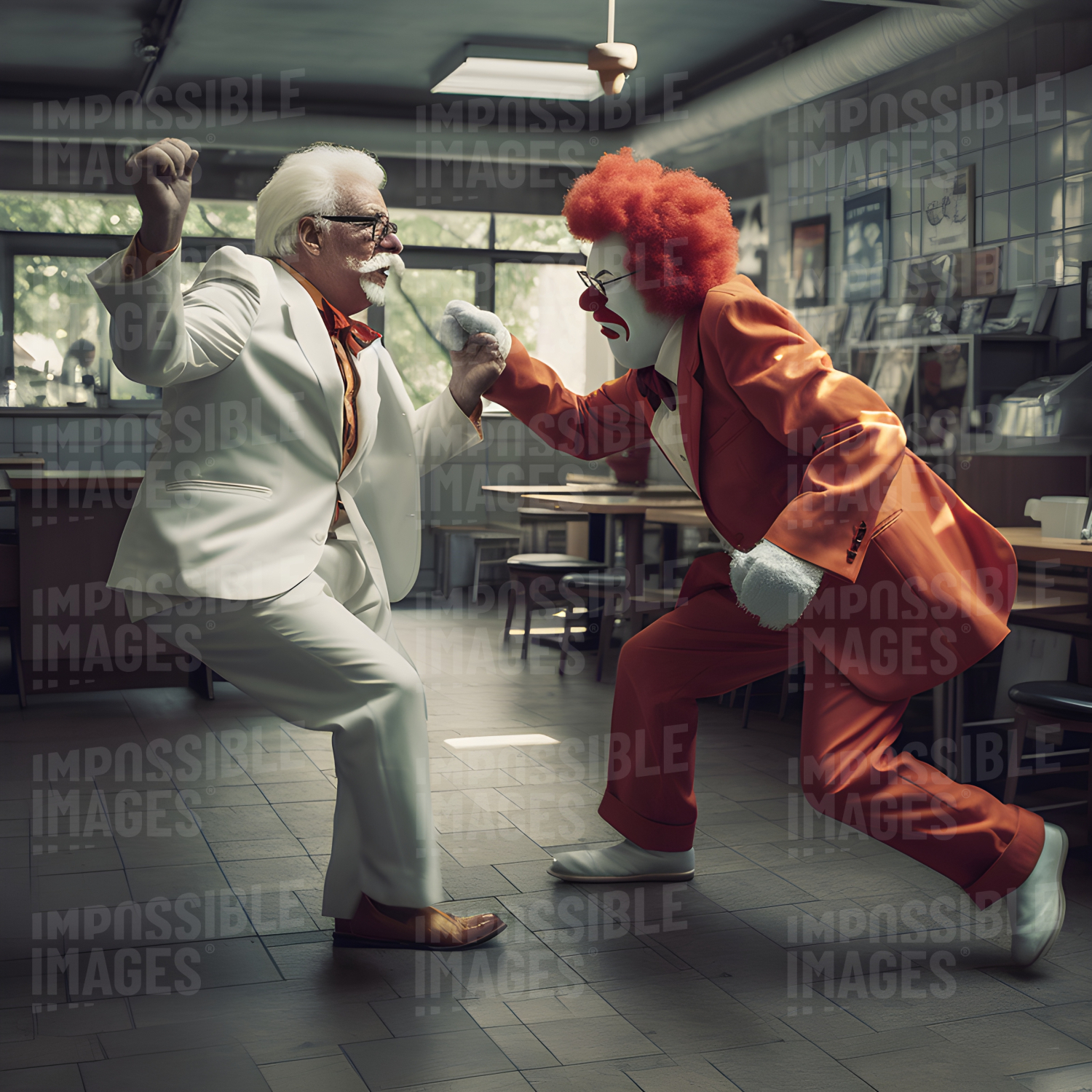 Retro photograph of a man in a white suit fighting with a clown in a ...