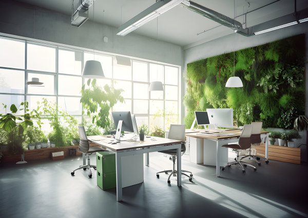 A bright and spacious modern office with lots of greenery and plants ...