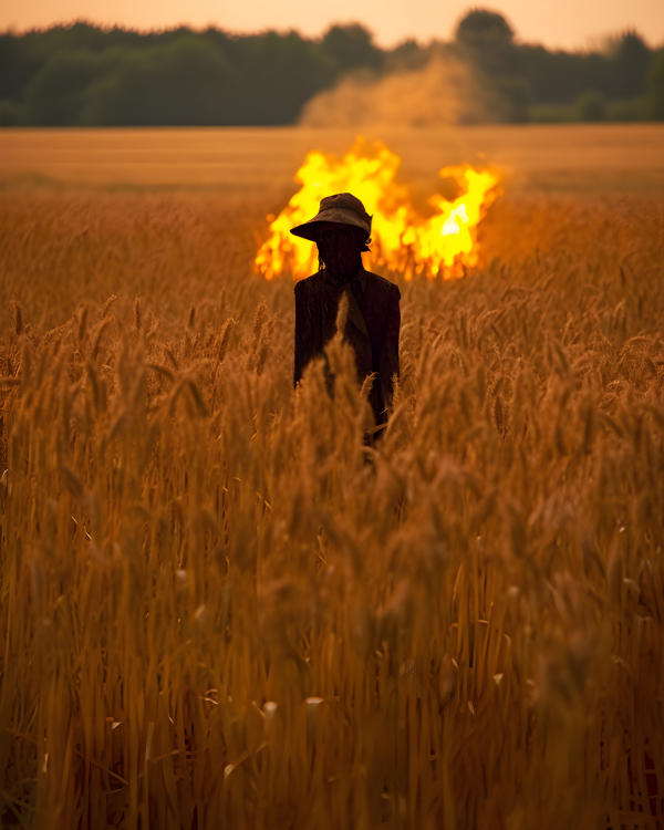 A scarecrow watching his field burn - Impossible Images - Unique stock images for commercial use.