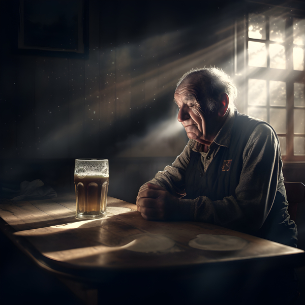 Old man on his own in the pub, remembering happy times - Impossible ...