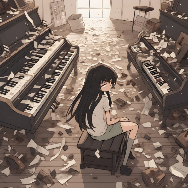 Anime style illustration of a girl in a room of exploded pianos ...