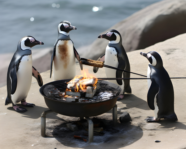 Penguins cooking fish on a barbecue - Impossible Images - Unique stock ...