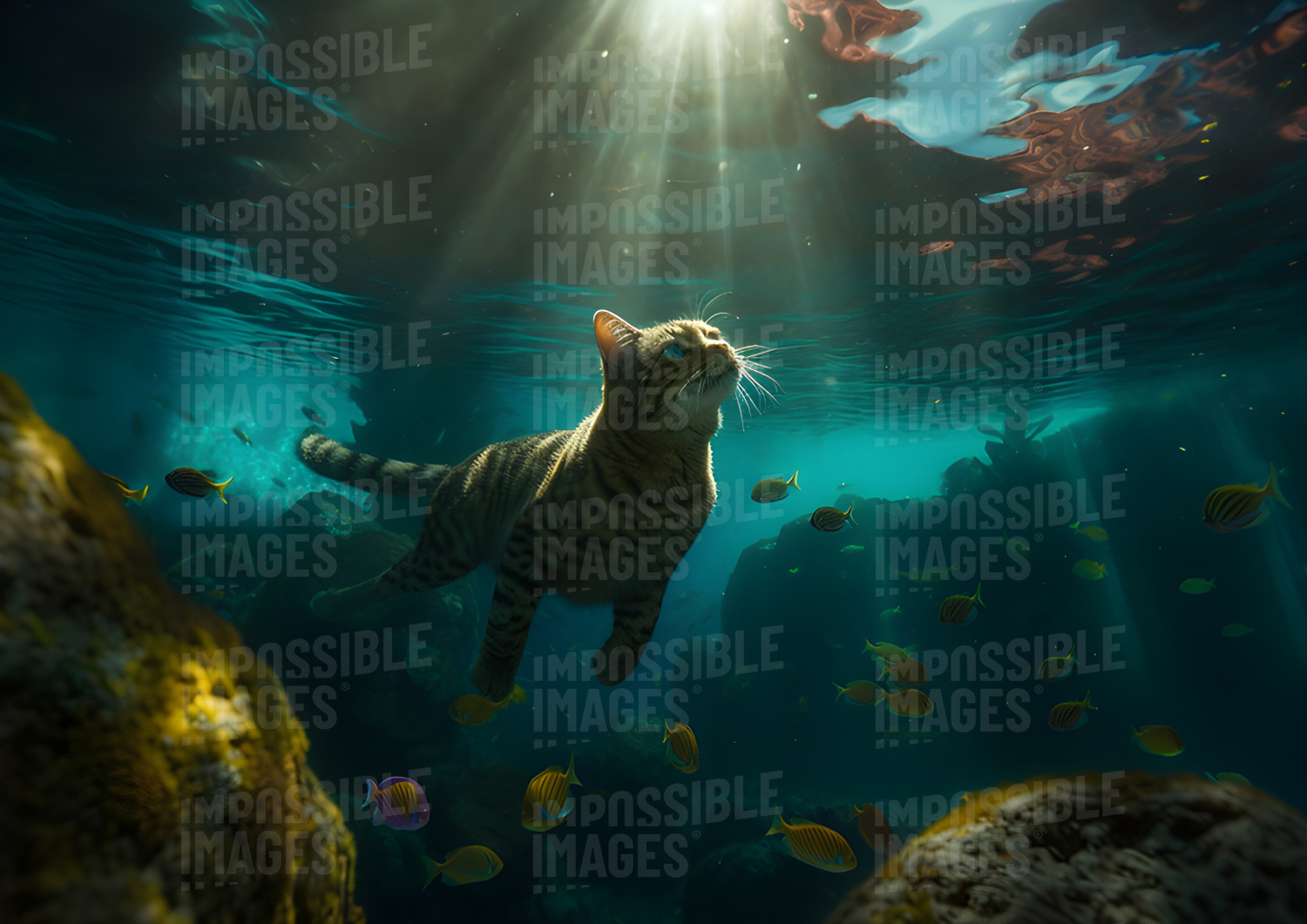Grey shorthair cat underwater trying to catch fish - Impossible Images ...