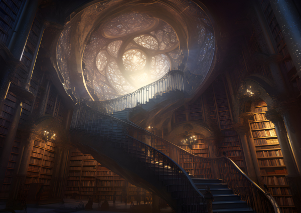 An infite climbing celestial library spiraling towards light ...