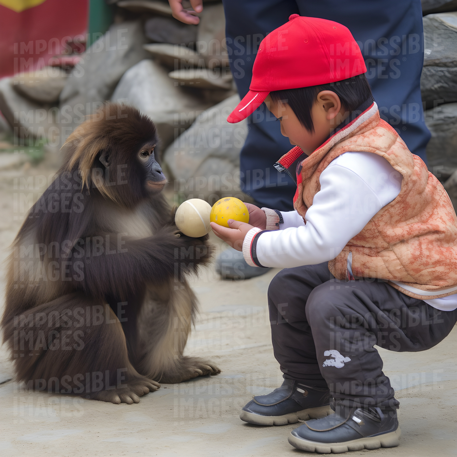 Young boy looking at balls with a monkey - Impossible Images - Unique ...