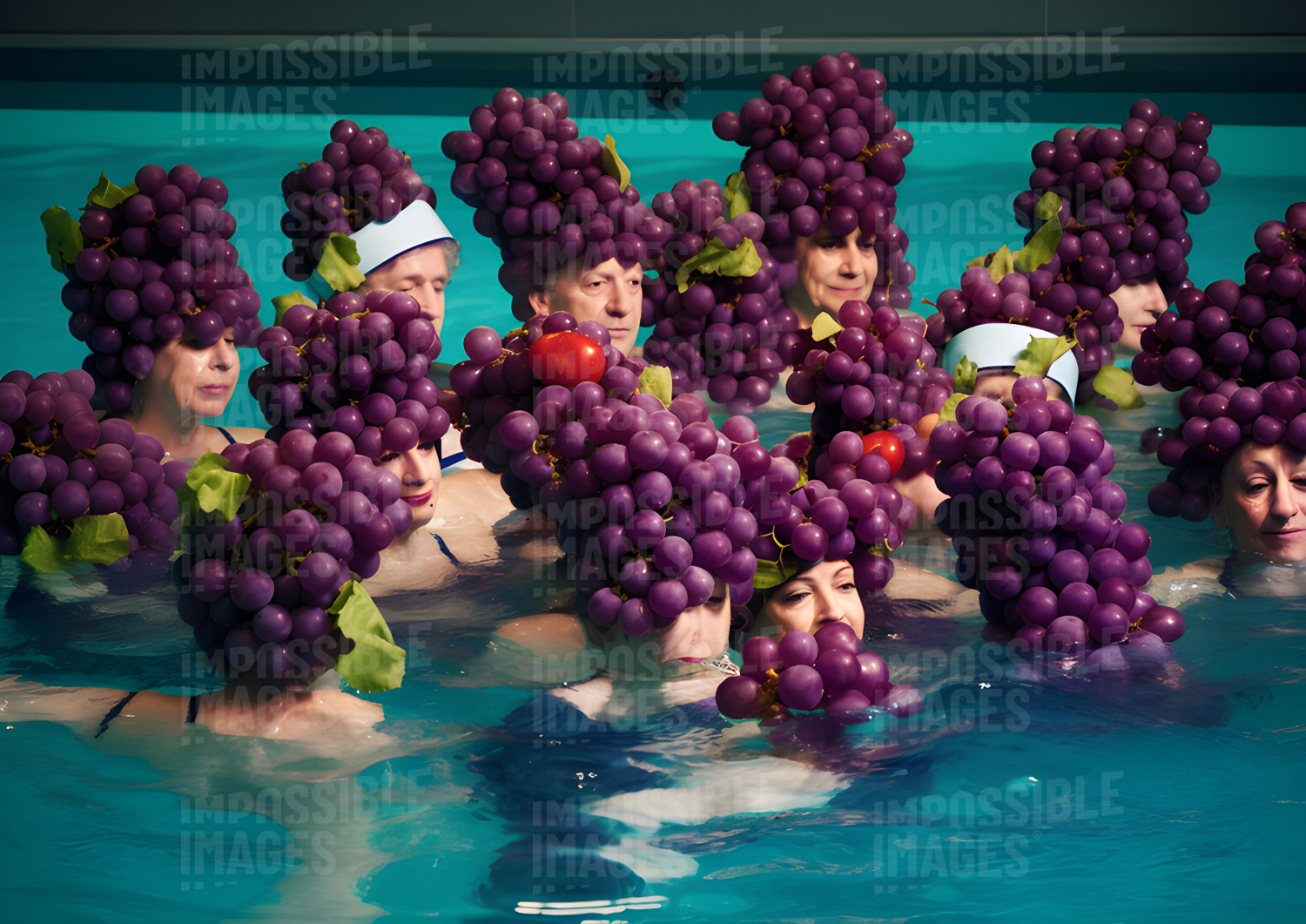 A group of people in a swimming pool wearing strange grape hats ...