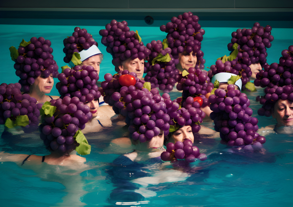A group of people in a swimming pool wearing strange grape hats ...