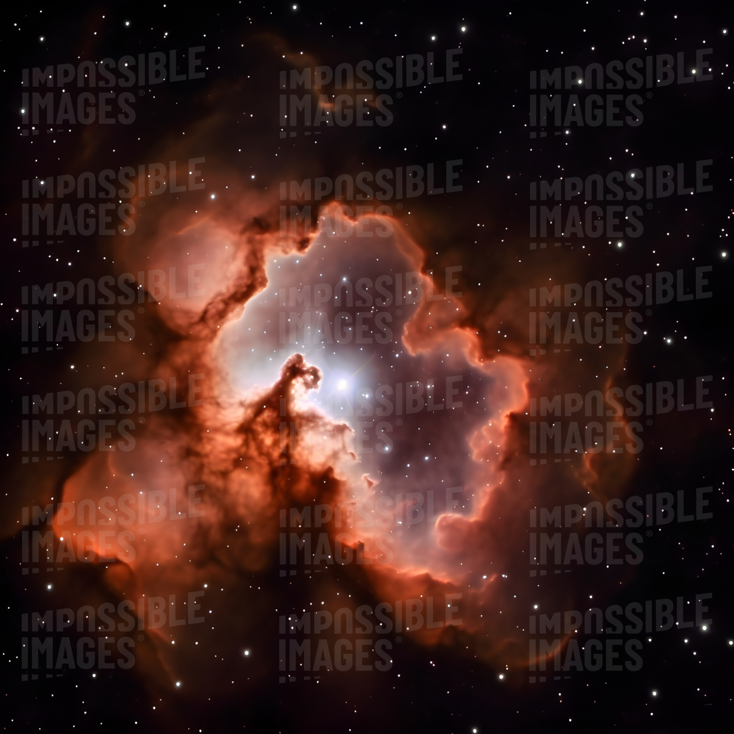 Abstract orange nebular cloud with a bright star in the middle of the ...