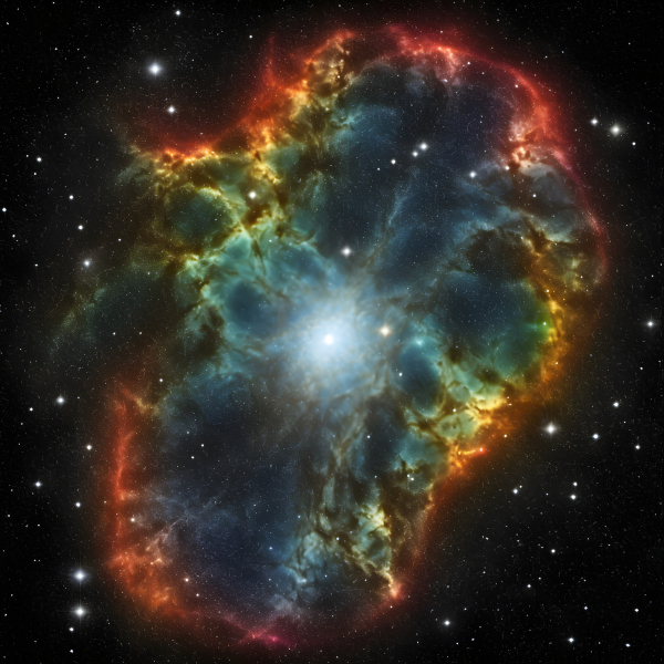 Green and orange nebular image with a glowing bright centre ...