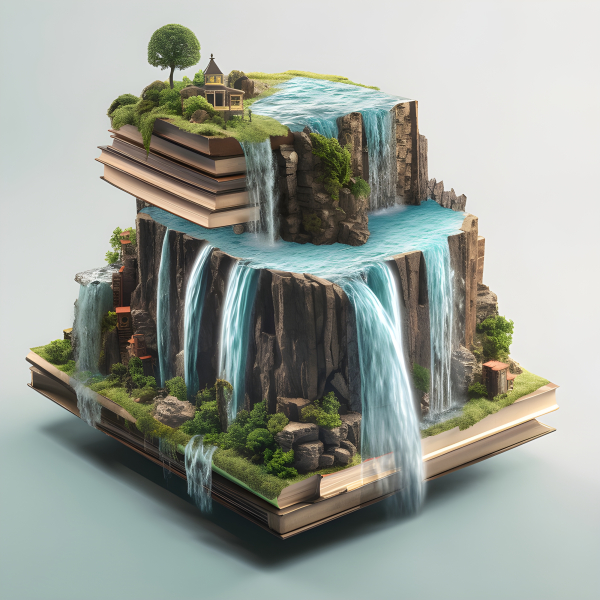 A floating island made of stacked books, with waterfalls cascading down ...