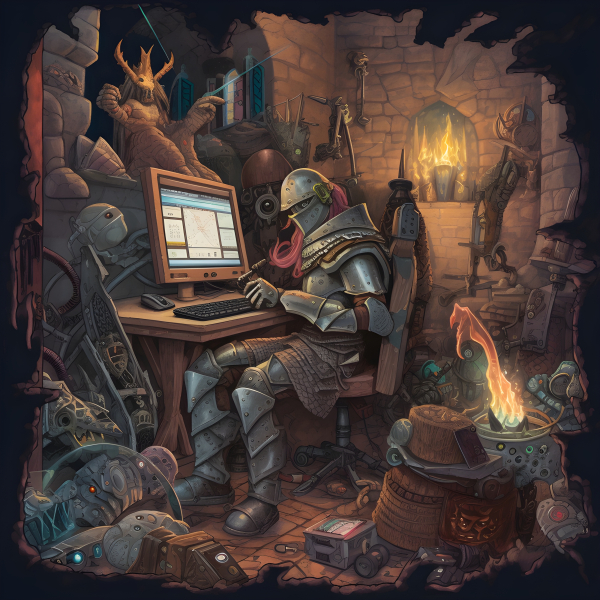 A Medieval Knight sat at a desk, using a Modern day Computer ...