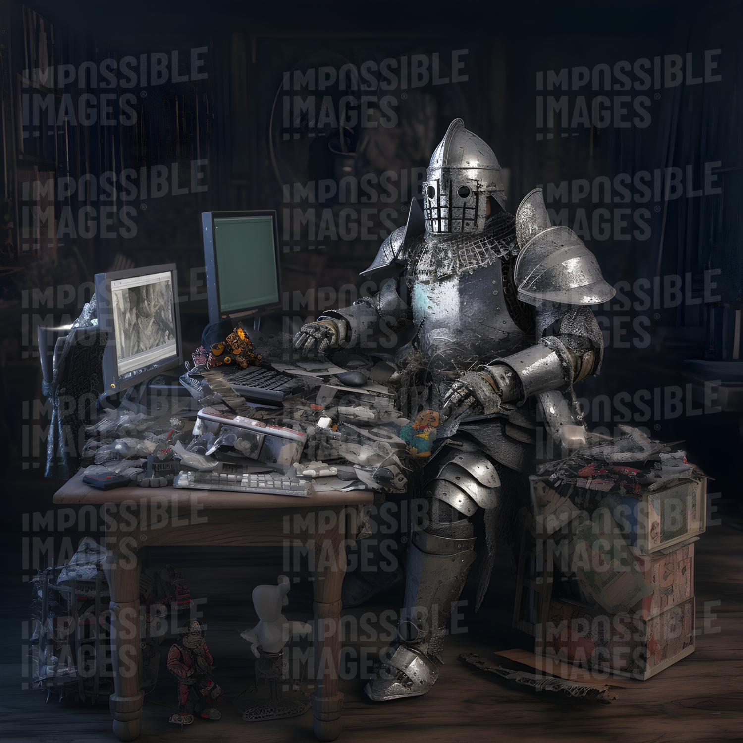 A Medieval Knight sat, using a computer with dual-monitor displays ...