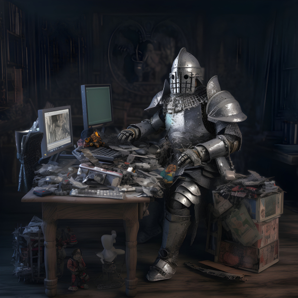 A Medieval Knight sat, using a computer with dual-monitor displays ...