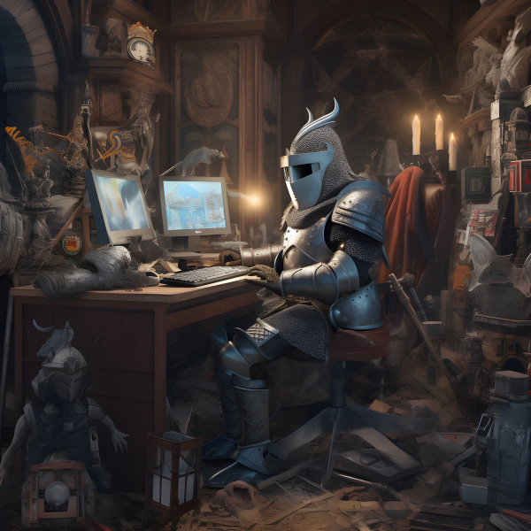A Medieval Knight using a computer with dual-monitor displays, inside a ...