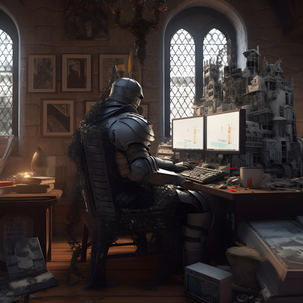 A Medieval Knight sat, using a computer with dual-monitor displays in a ...