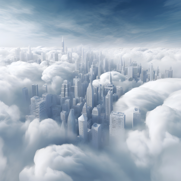 A cityscape where every building is made entirely of clouds ...