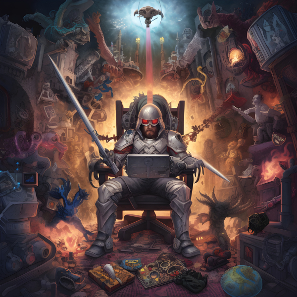 An Evil Gamer Knight sat holding a Sword. Whilst a portal opens behind ...