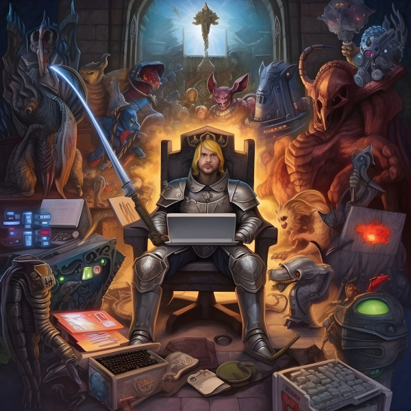 An Hero Gamer Knight sat holding a Sword. Whilst a portal opens behind ...