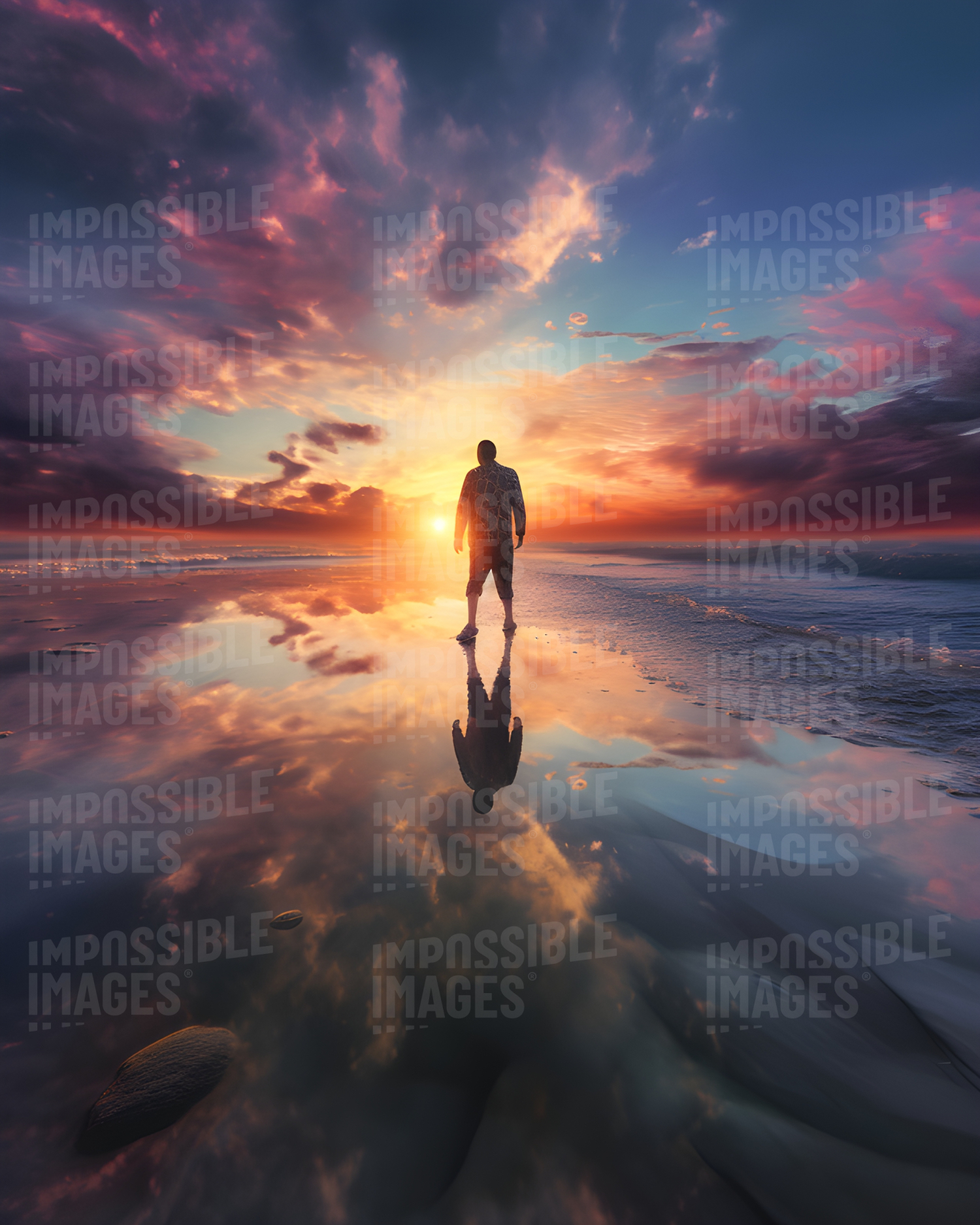 A man stood on a beautiful beach at sunset - Impossible Images - Unique ...