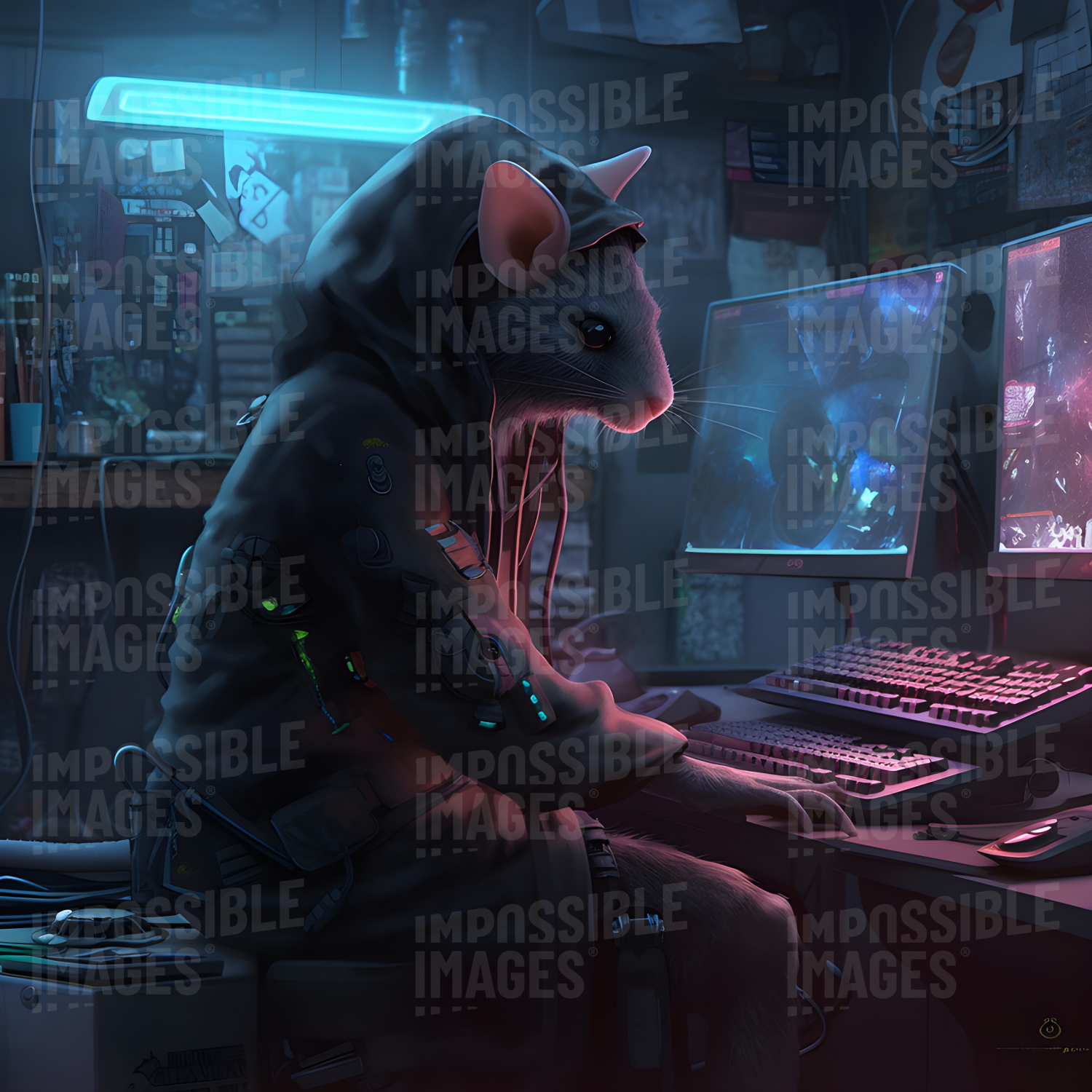 A Female Hooded Cyberpunk Hacker Rat. - Impossible Images - Unique ...