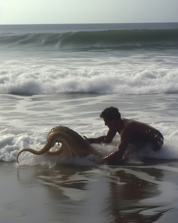 A surfer questioning a strange creature in the sea - Impossible Images ...