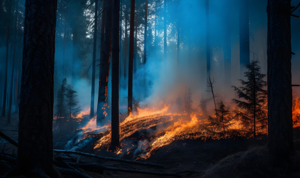 A forest fire with blue smoke - Impossible Images - Unique stock images ...